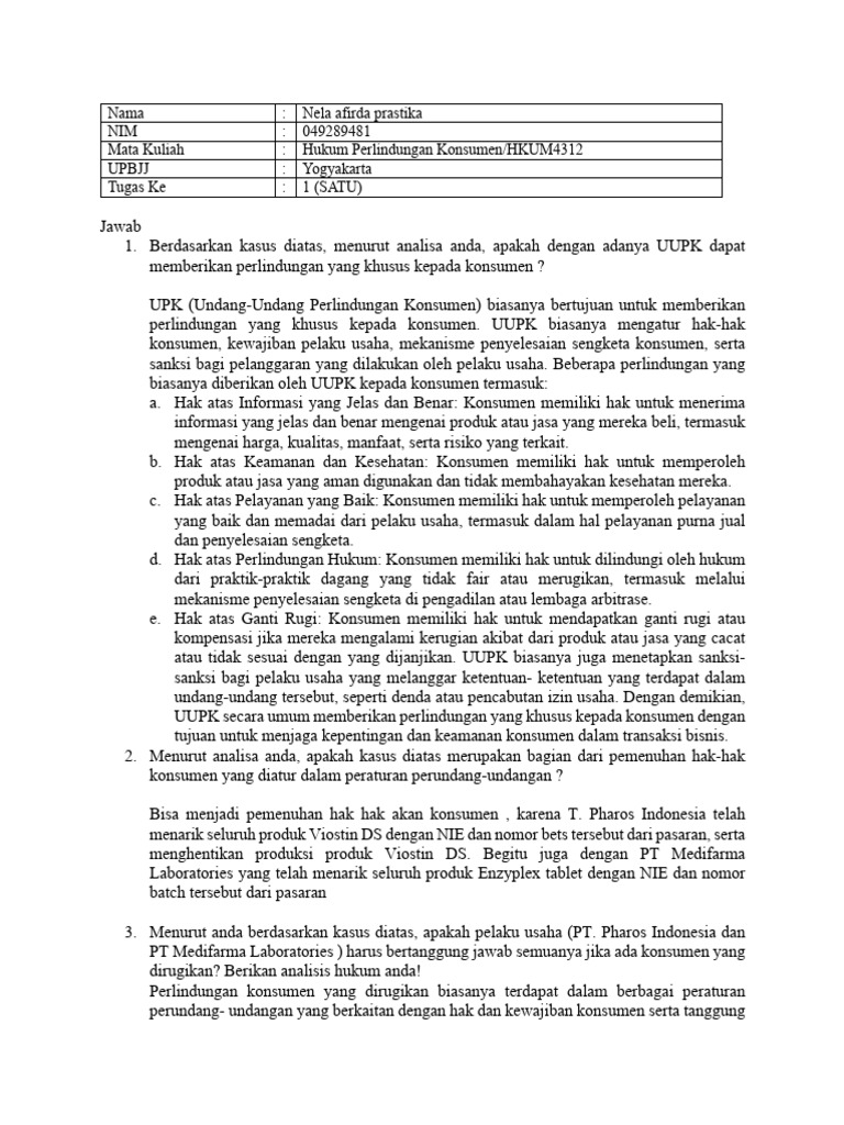 Tugas 1 - Nela Afirda Prastika - 049289481 - Hukum Perlindungan ...