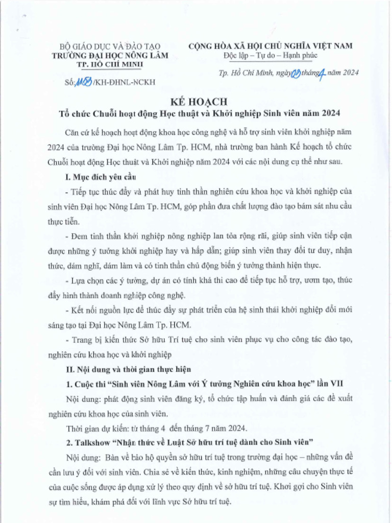 Kế hoạch chuỗi hoạt động NCKH - KN năm 2024 | PDF