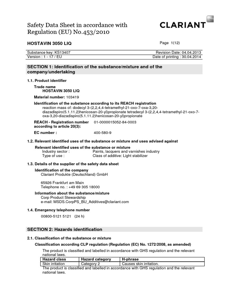 Hostavin 3050 Liq-msds (1) | Download Free PDF | Dangerous Goods | Safety