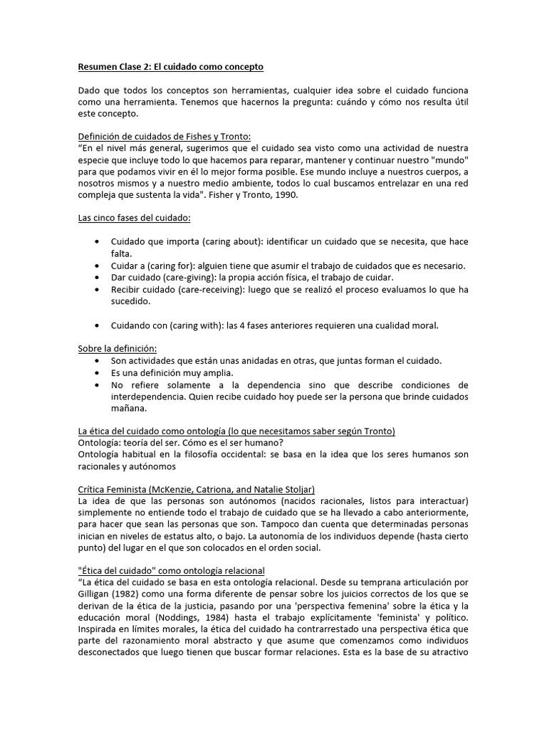 Sem 2238 Resumen Clase 2 Tronto - El cuidado como concepto | PDF ...
