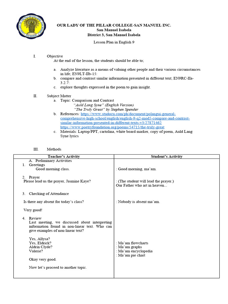 English 9: Compare and Contrast Lesson | PDF | Thought | Learning