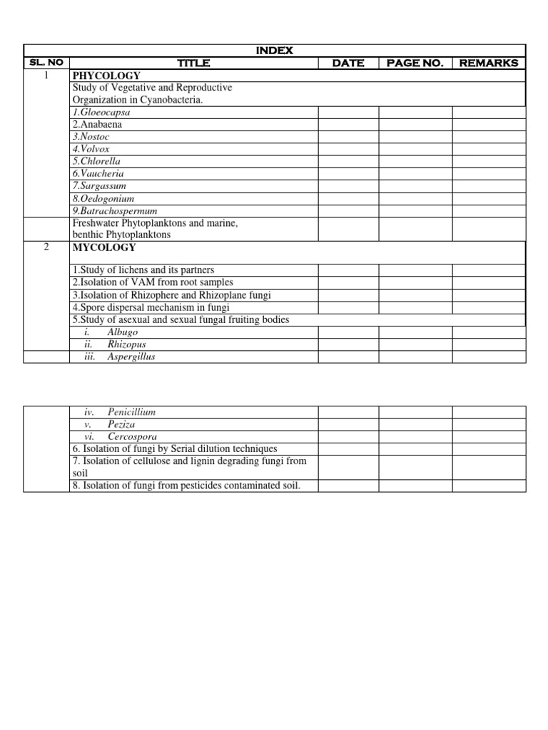 Phycology Index Sheet | PDF | Home & Garden | Science & Mathematics