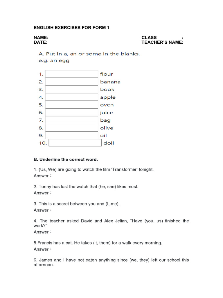English Exercises For Form 1 | PDF | Language Arts & Discipline | Art