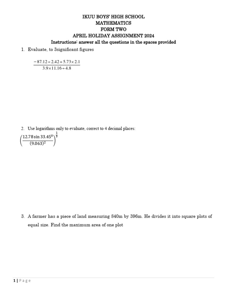 Form 2 Maths April Assignment Assignments - Form 2 - Mathematics | PDF ...