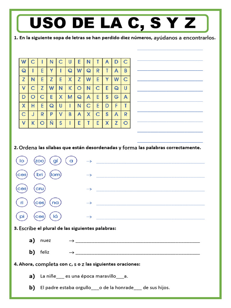 Palabras Con La C S Z para Segundo Grado de Primaria | PDF | Hogar ...