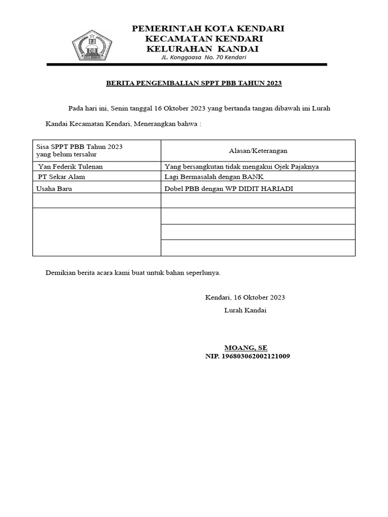 Berita Pengembalian SPPT PBB Tahun 2023 | PDF