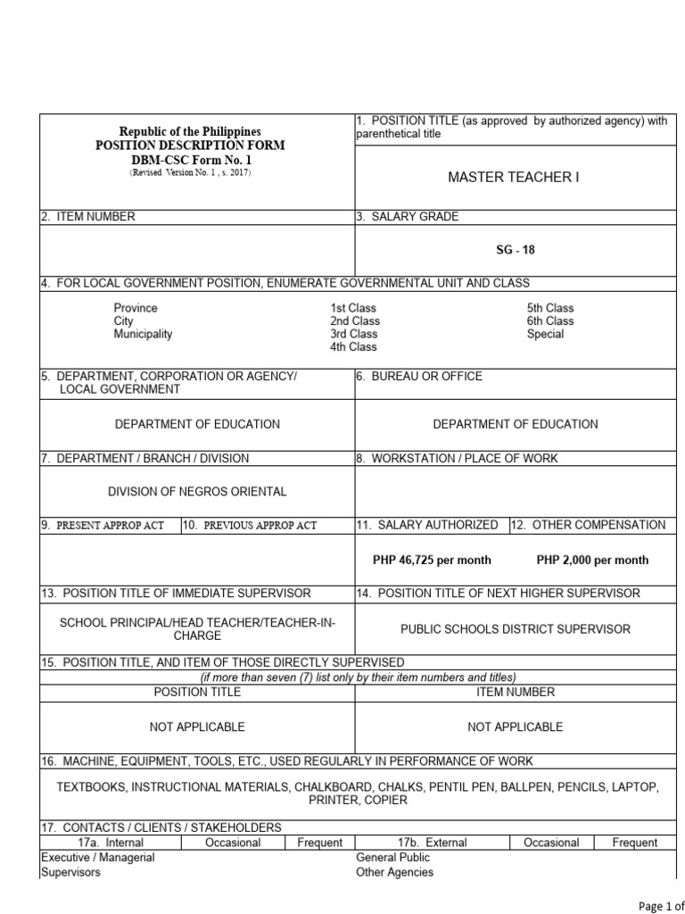 Master Teacher I Elementary CS Form I | PDF | Teachers | Business