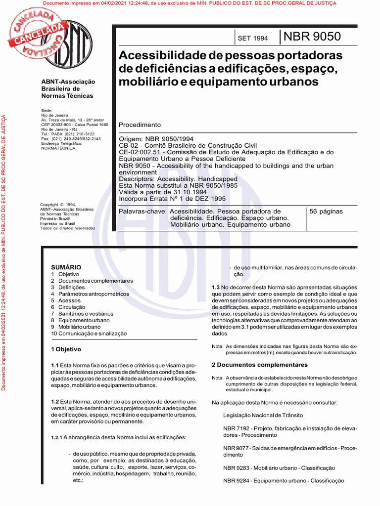 Norma Técnica ABNT NBR 9050 - 1994 (Cancelada) | PDF | Acessibilidade