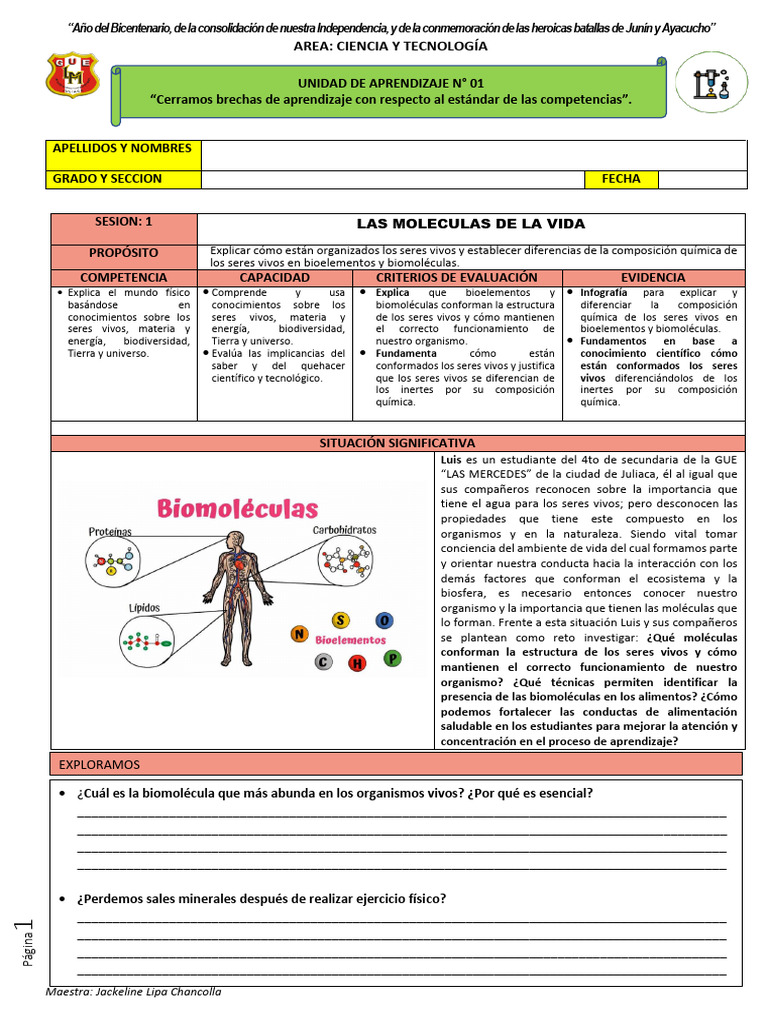 Ua1 - Sesion 1 Cyt Explica 2024 Vida y Moléculas - Prof Jackeline Lipa Desarrollo | PDF ...