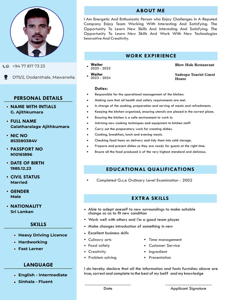 Ajith Kumara CV | Download Free PDF | Kitchen | Waiting Staff