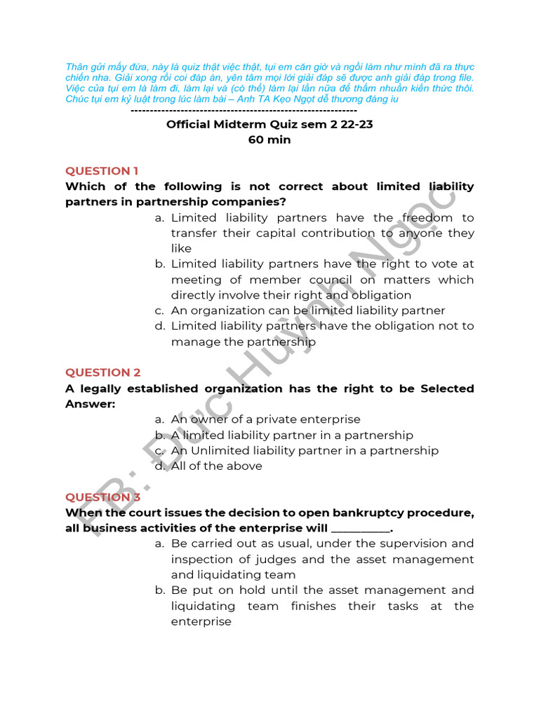 Mid Quiz 2 | PDF | Joint Stock Company | Privately Held Company