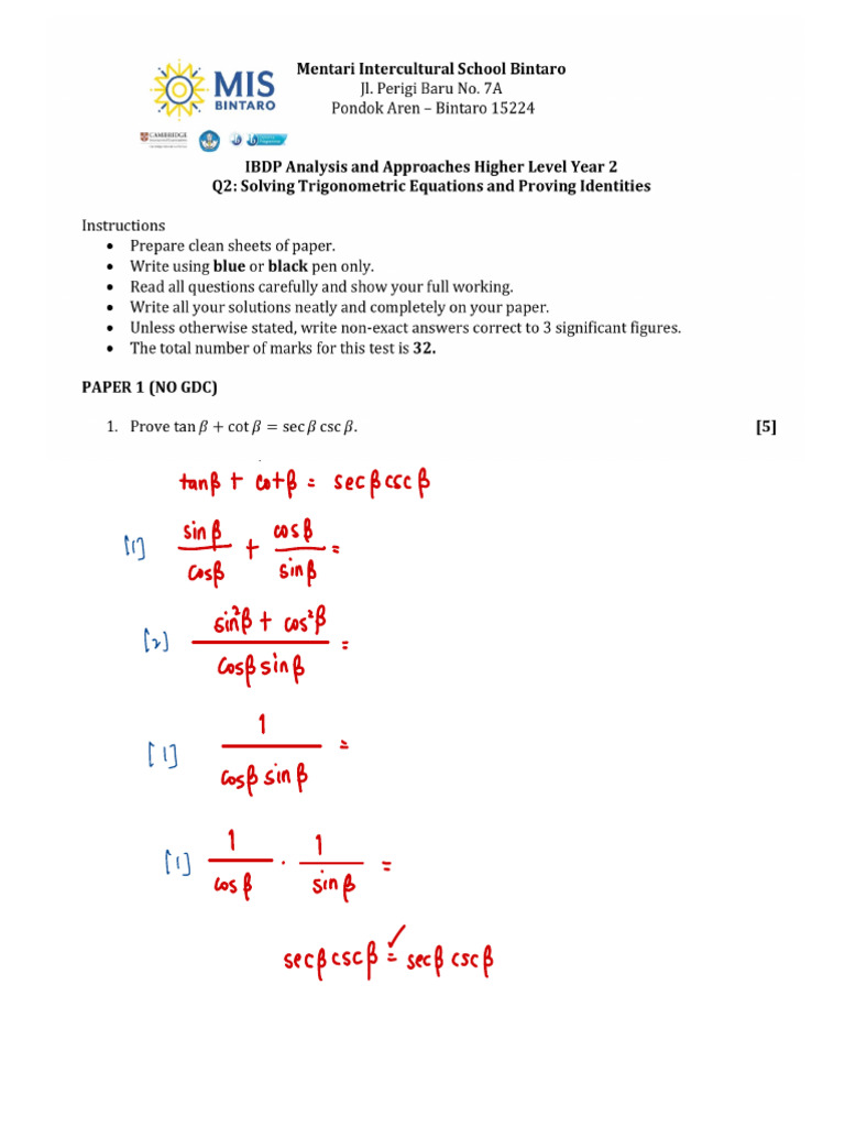 12AAHL - Sem1 - Q2 (Solving Trigonometric Equations and Proving Identities) - Markscheme | PDF ...
