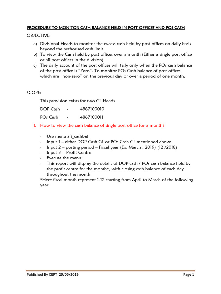 Procedure To Monitor Cash Balance Held in Post Offices and POS Cash ...