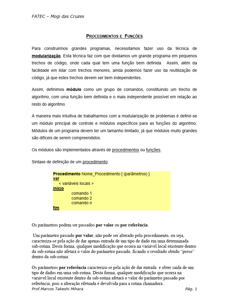 Procedimentos e Funções | Download grátis PDF | Parâmetro (programação ...