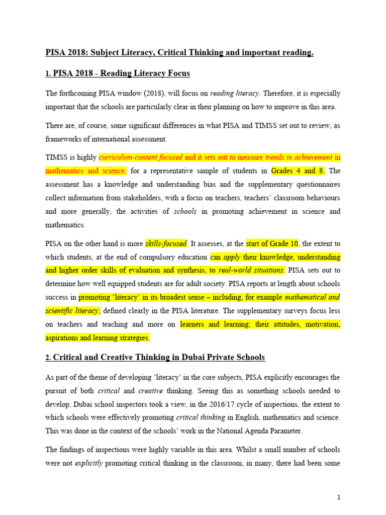 PISA 2018: Enhancing Reading Literacy | PDF | Programme For ...