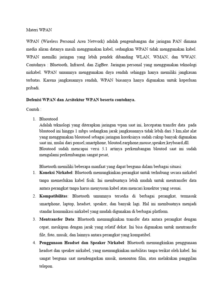 Defenisi WPAN Dan Arsitektur WPAN Beserta Contohnya | PDF