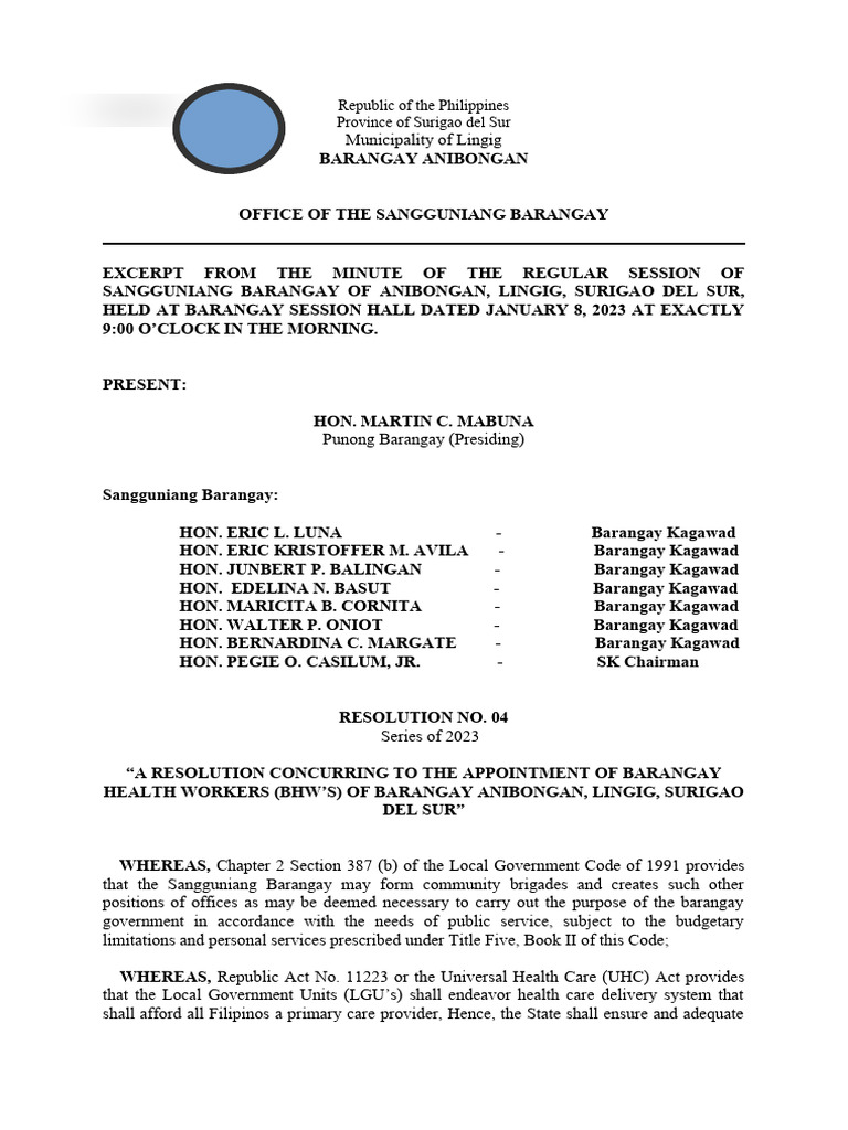 Appointment of BHW and Bns Resolution | PDF