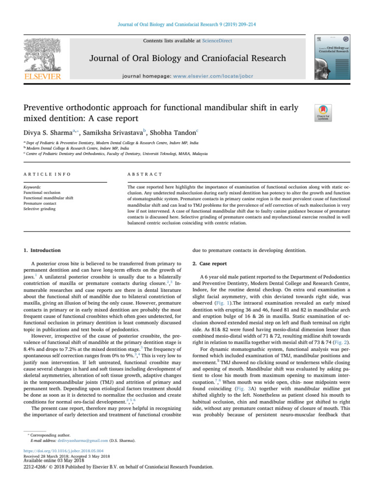 Preventive Orthodontic Approach For Functional Mandibular Shift in ...