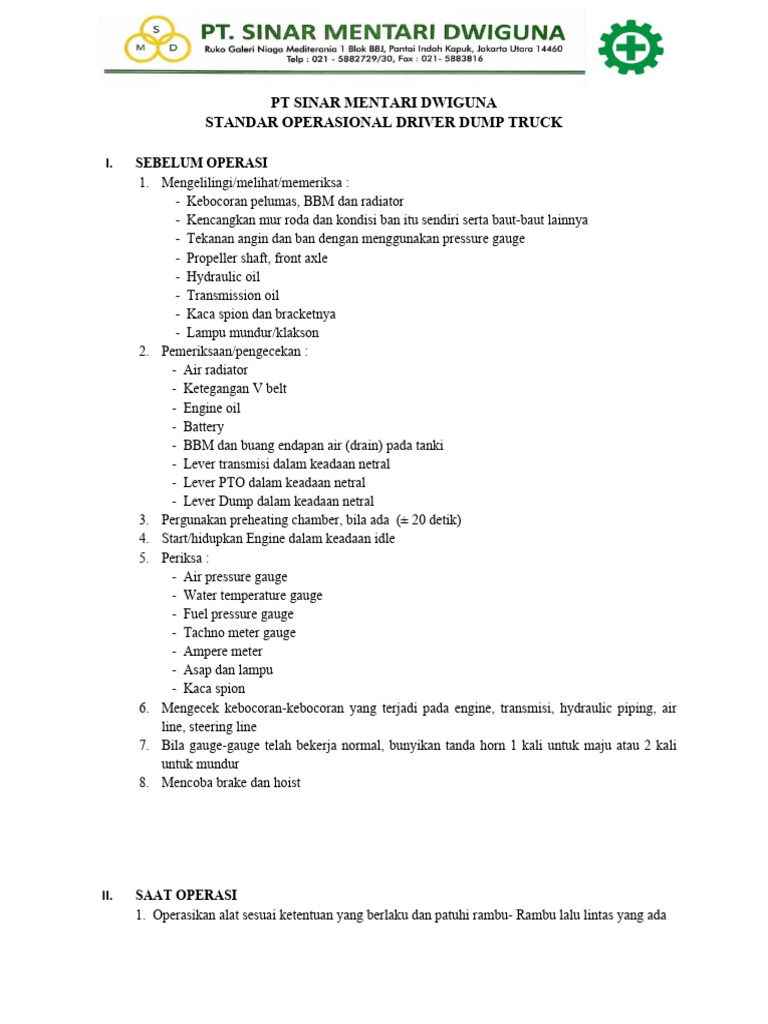 Sop Driver Dump Truck | PDF