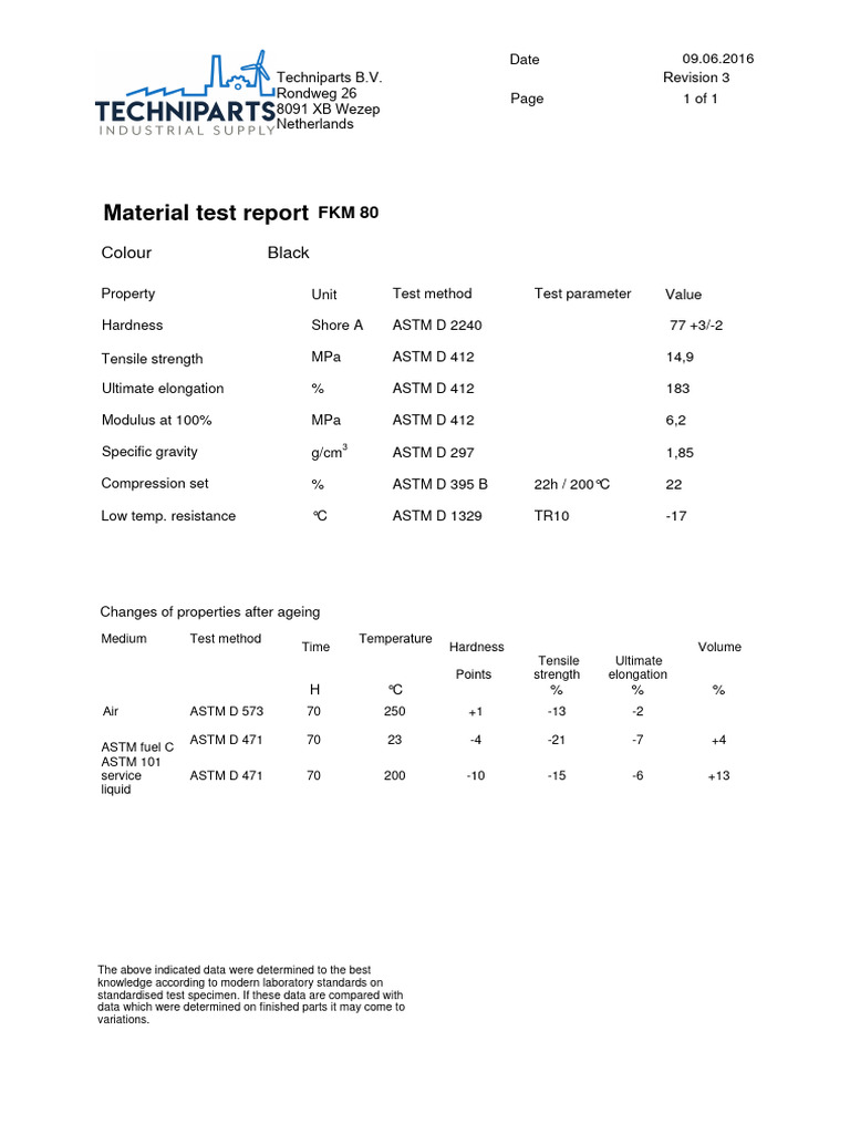 FKM 80 Material Test Report Summary | PDF