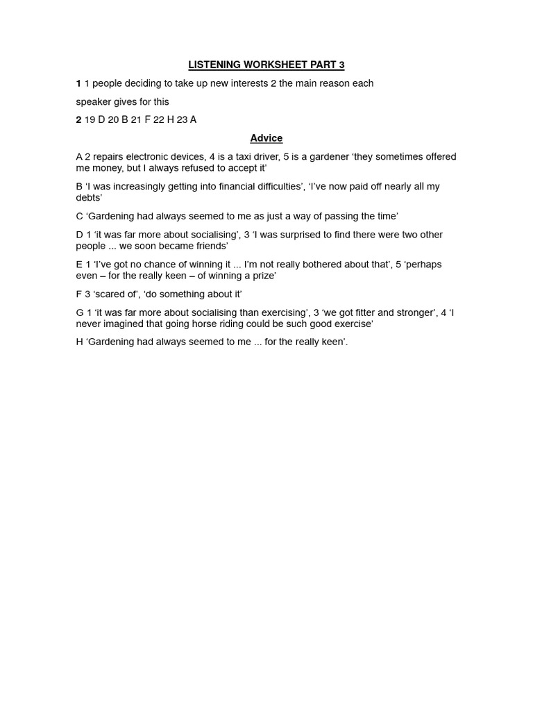 Listening Worksheet Part 3 | PDF