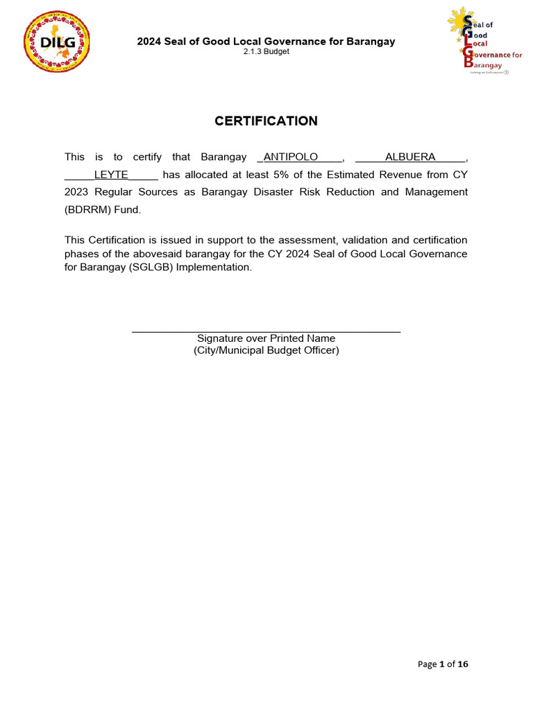 2.1.3 Certification BDRRMF Allocation | PDF | Disaster Risk Reduction