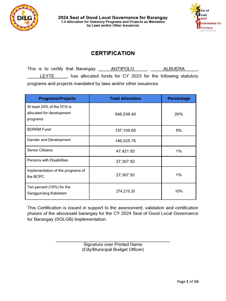 1.4. Certification Allocation For Statutory Programs | PDF