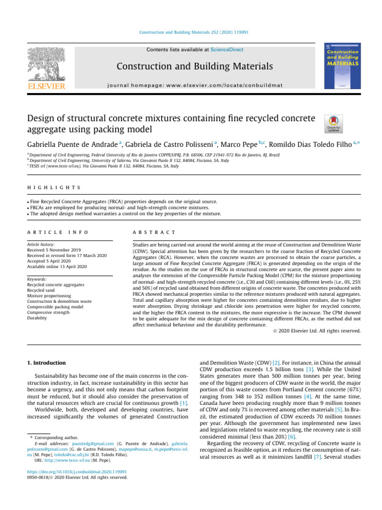 Design of Structural Concrete Mixtures Containing Fine Recycled Concrete Aggregate Using Packing ...