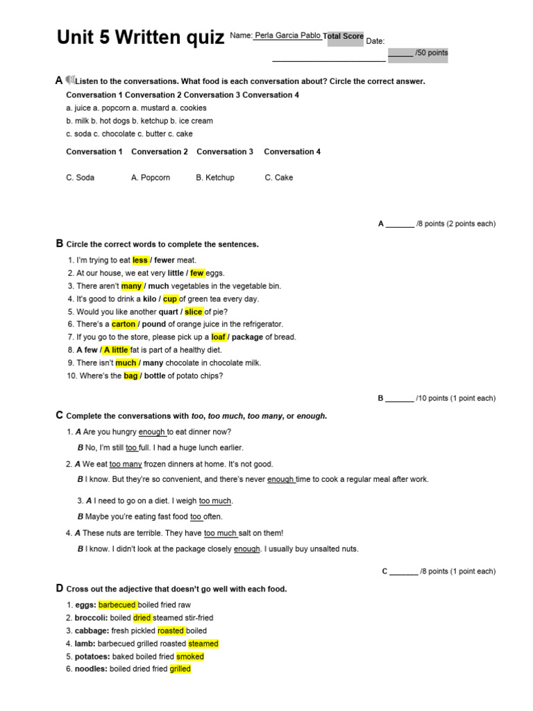 Unit 5 Written Quiz: A - /8 Points (2 Points Each) | PDF | Barbecue ...