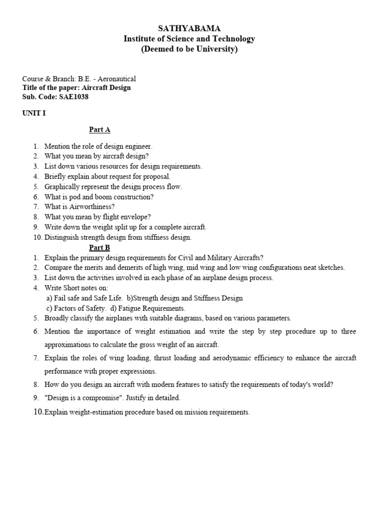 SAE1038 Aircraft Design Question Bank | PDF | Aircraft | Engines