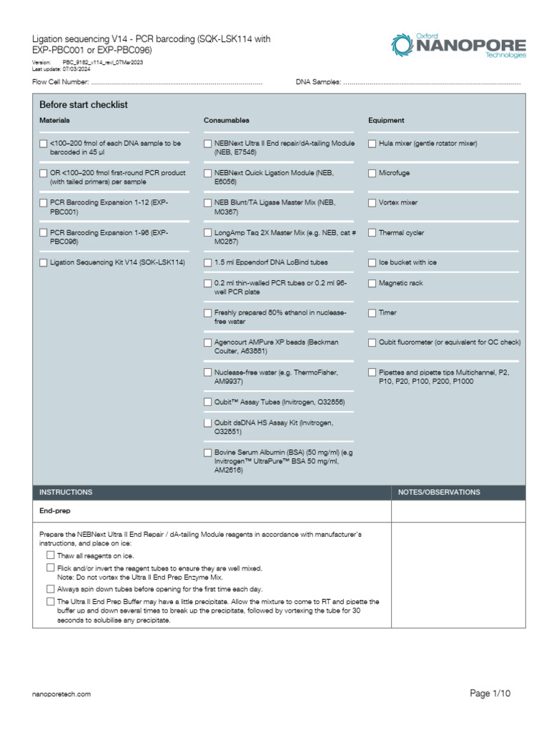 Ligation Sequencing V14 - PCR Barcoding (SQK-LSK114 With EXP-PBC001 or EXP-PBC096) - Minion ...