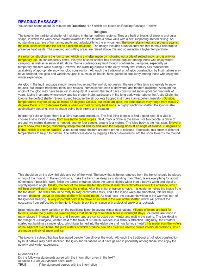 Reading Passage 1 - The Igloo | PDF | Snow | Water Ice