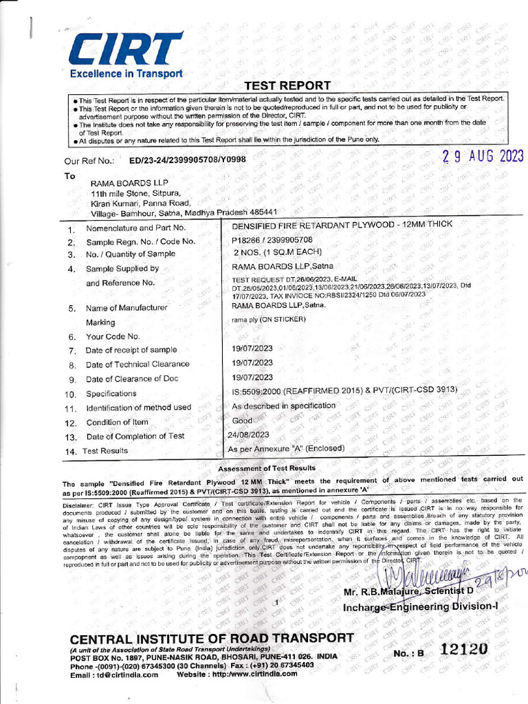 Fire Retardant Plywood Test Report | PDF