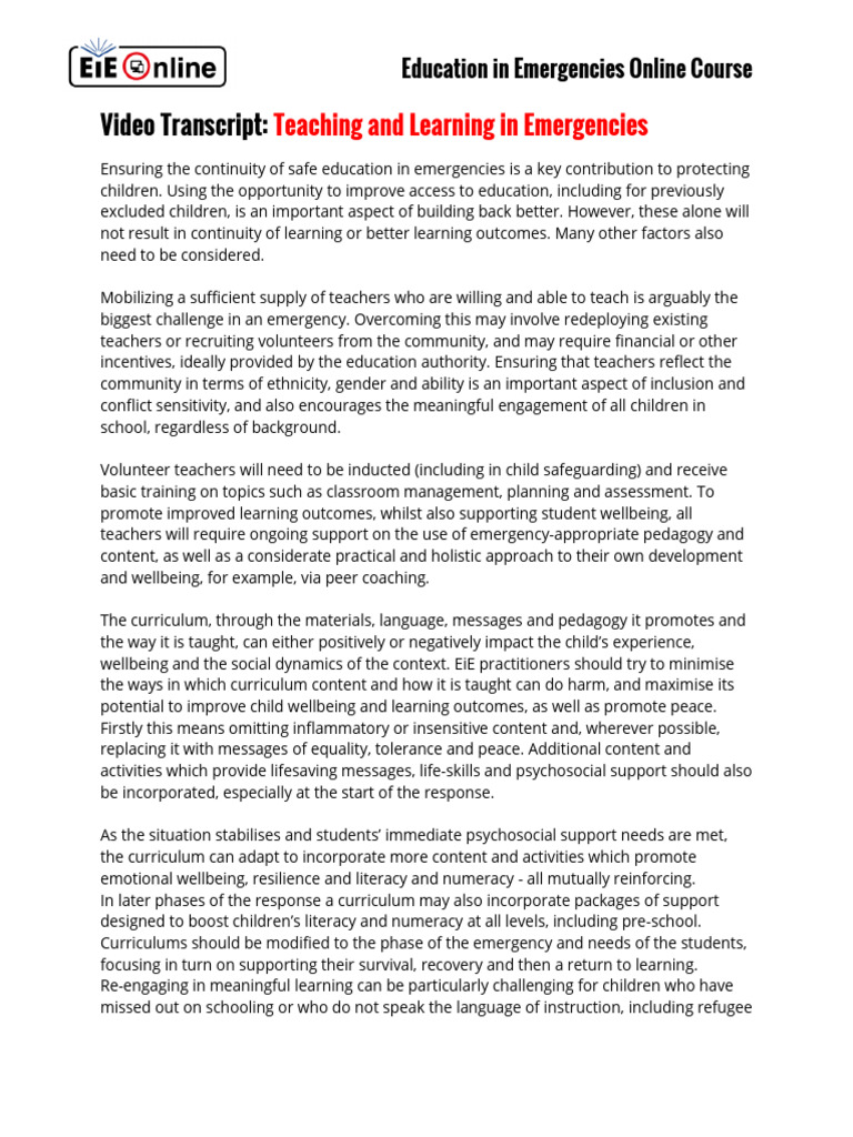 Teaching and Learning in Emergencies | PDF | Teachers | Learning
