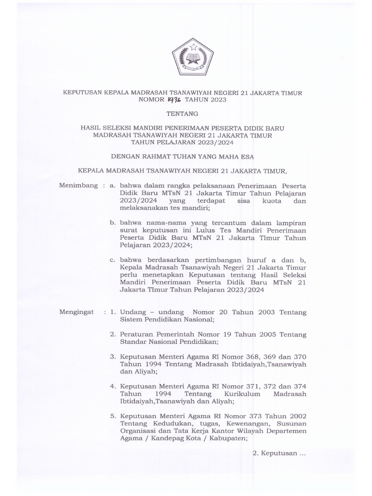 SK Hasil Seleksi Mandiri PPDB MTSN 21 | PDF