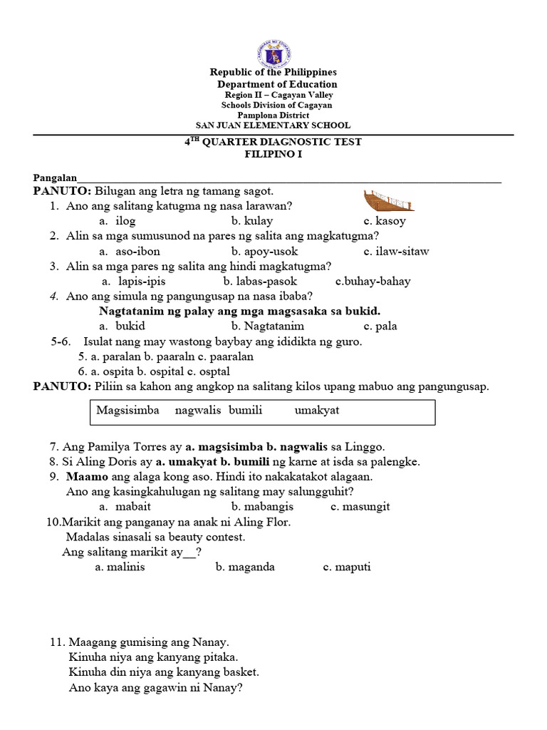 4th QUARTER DIAGNOSTIC TEST IN FILIPINO I | PDF