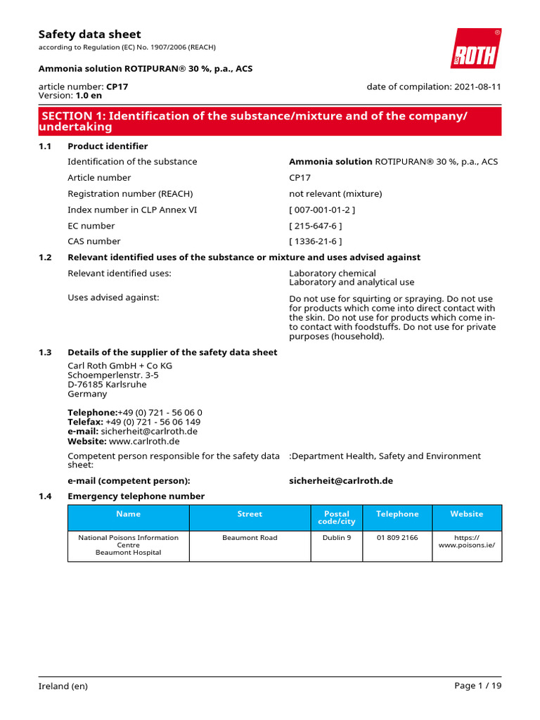 Safety Data Sheet - Ammonia Solution - SDB-CP17-IE-EN | PDF | Dangerous Goods | Toxicity