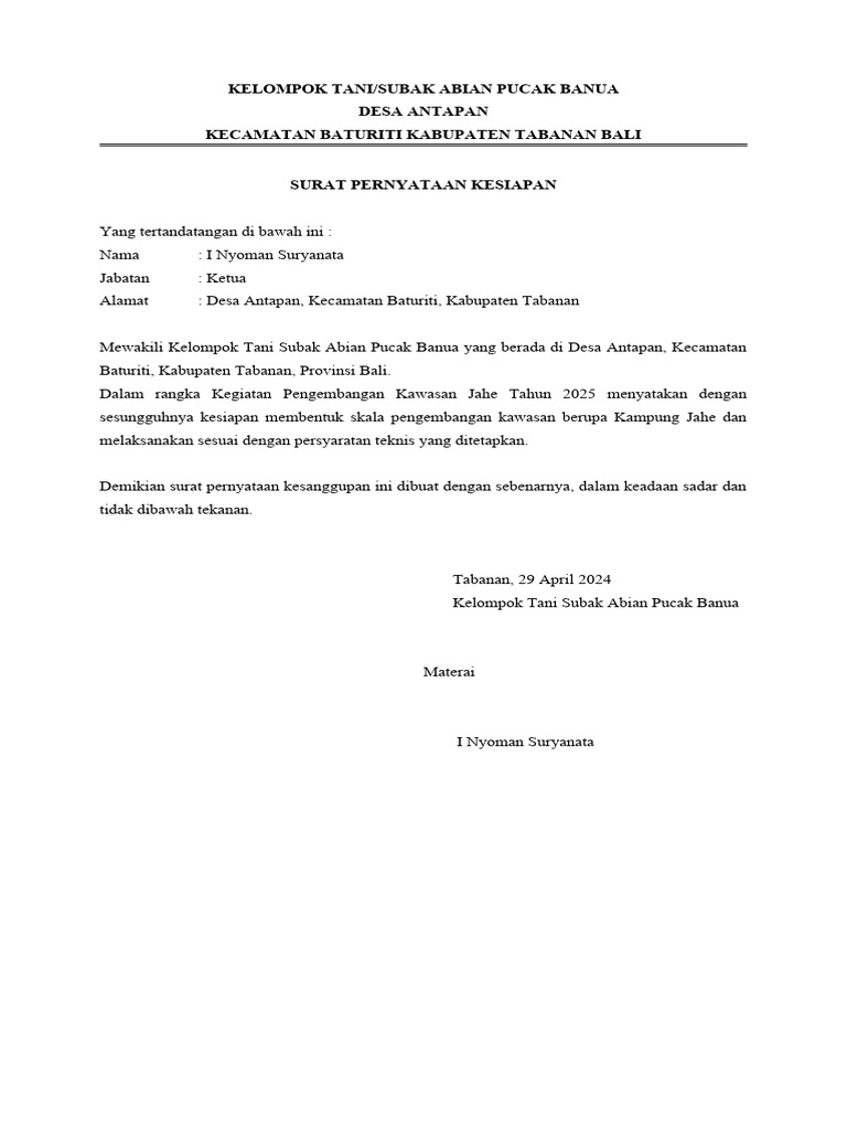 Surat Pernyataan Kesiapan | PDF
