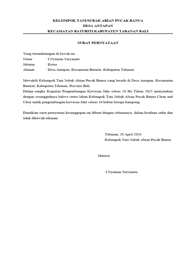 Surat Pernyataan Kelompok Tani Tabanan | PDF