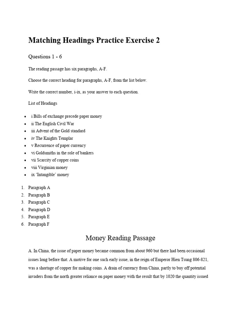 Matching Headings Practice Exercise 2 | PDF | Money | Banknote