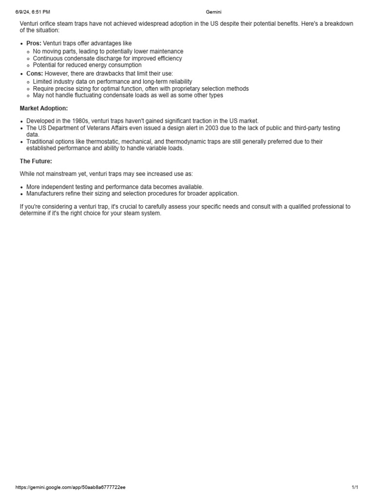 Venturi Orifice Steam Traps-Pros & Cons | PDF | Technology & Engineering