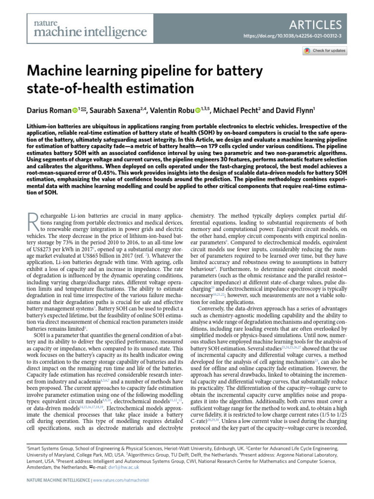 Machine Learning Pipeline For Battery State Of Health Estimation Pdf