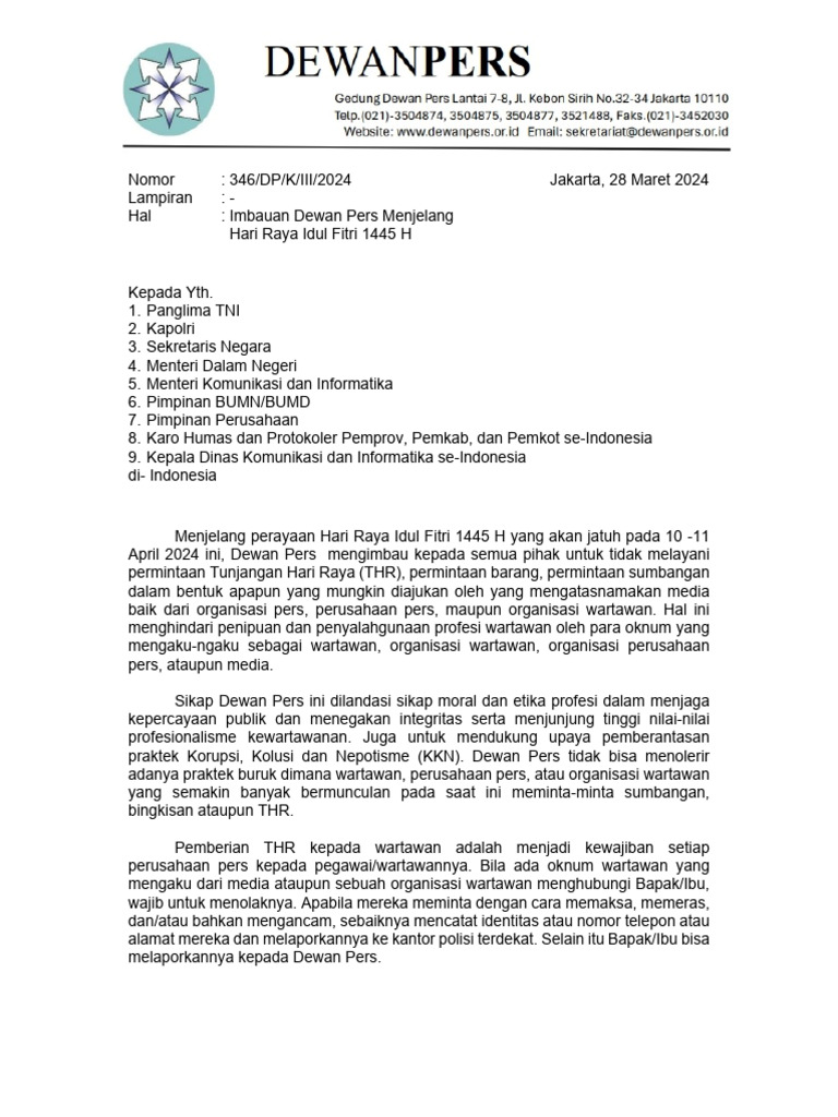 Surat Edaran Dewan PERS Terkait Imbauan Pemberian THR, Tahun 2024 | PDF Surat Edaran Dewan PERS Terkait Imbauan Pemberian THR, Tahun 2024 | PDF