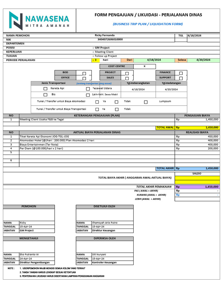 Form Pengajuan Perjalanan Dinas | PDF