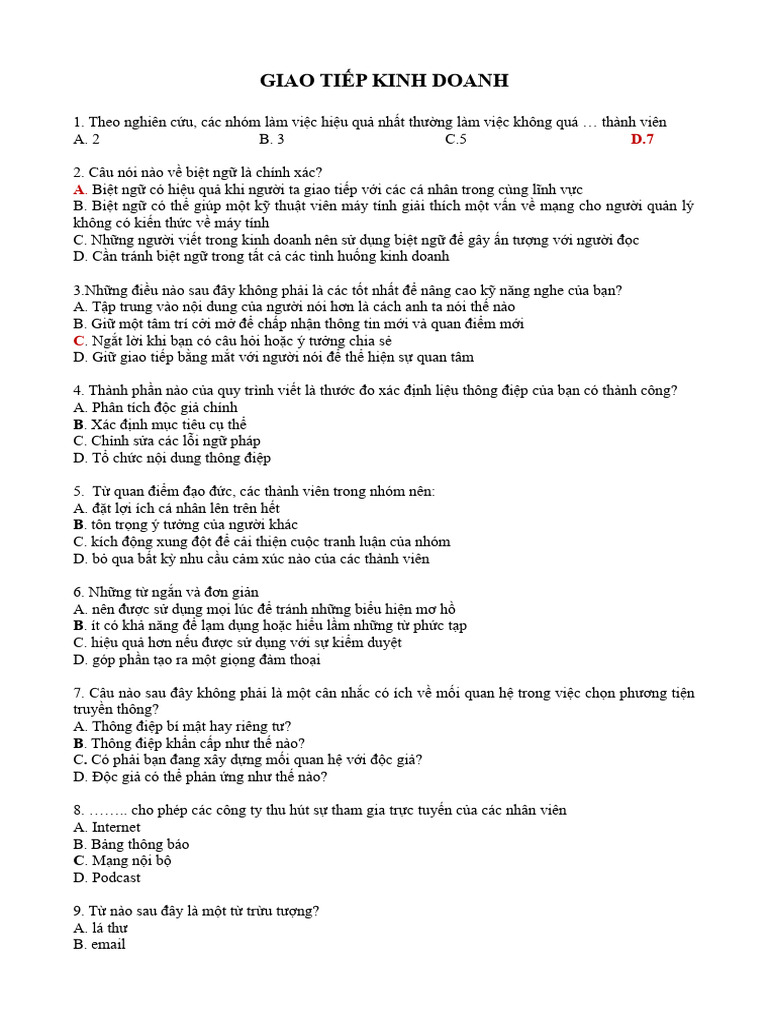 Trac Nghiem Cuoi Ky Giao Tiep Trong Kinh Doanh | PDF