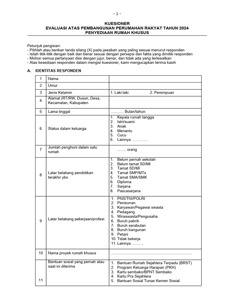 Kuesioner Responden Rumah Khusus | PDF