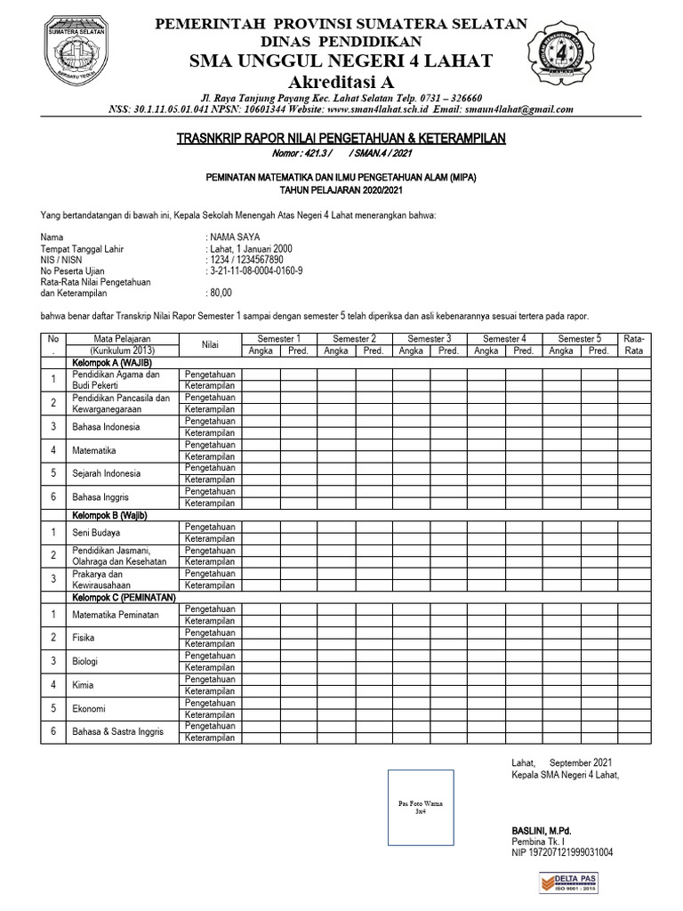 FORMAT TRANSKRIP NILAI RAPOR (P+K) SEMESTER 1-5 | PDF