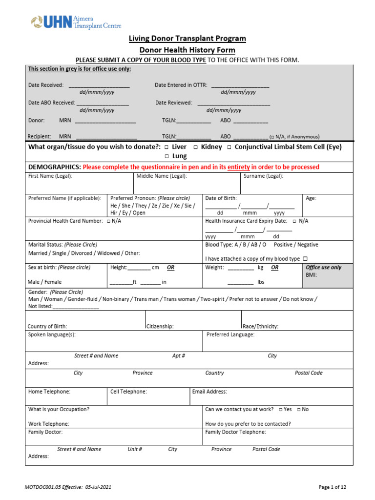 Living Donor Health History Form | PDF | Respiratory Diseases ...
