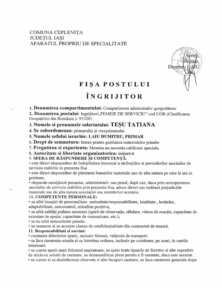 Fisa Postului Ingrijitor | PDF
