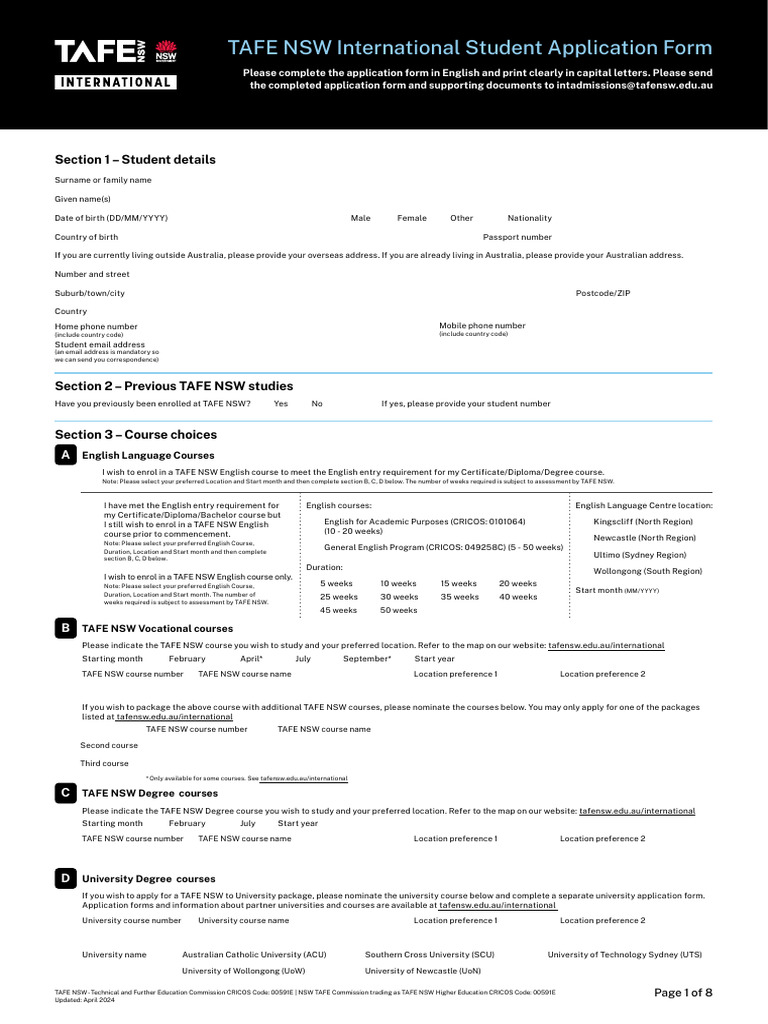 TAFE NSW International Student Application Form | PDF | Fee